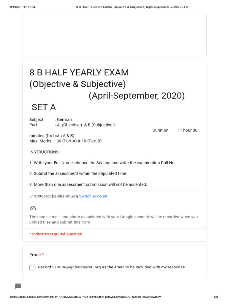 8 B HALF YEARLY EXAM (Objective & Subjective) (April-September, 2020 ...