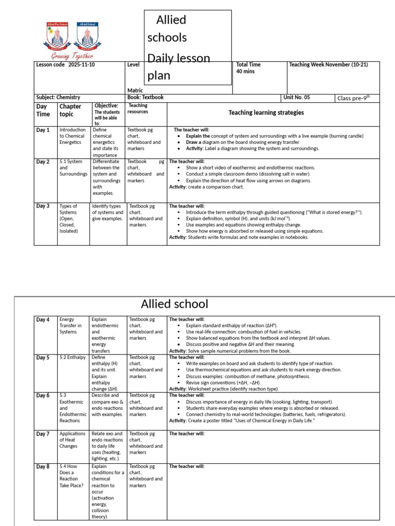 Lesson Plan Chemistery 1 Monthnnnnnnnnnnn | PDF | Enthalpy | Chemical ...