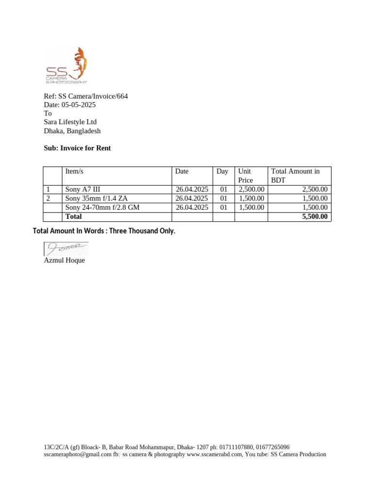 Invoice for Camera Rental Services | PDF