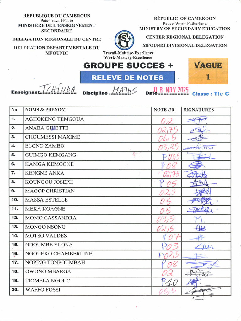 Releve de Notes 1ere Vague Maths Tlec | PDF
