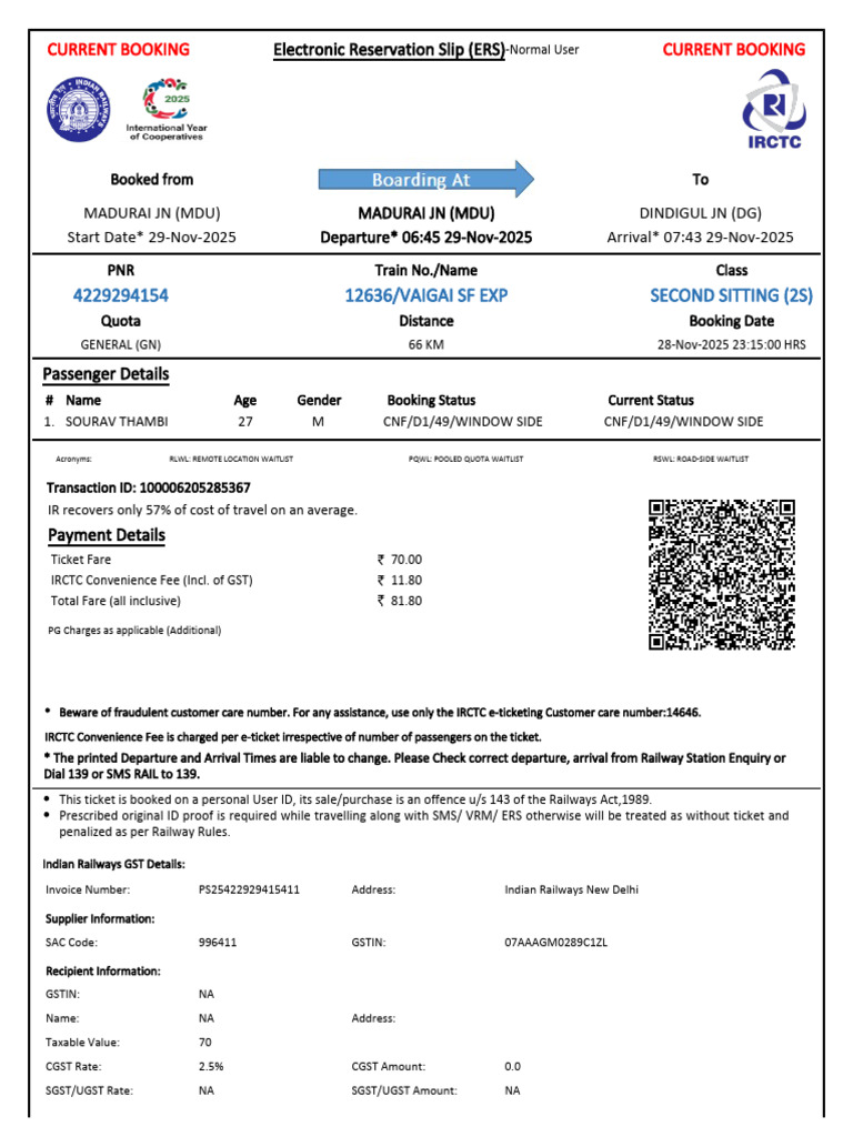 12636/vaigai SF Exp Second Sitting (2S) | PDF | Identity Document ...