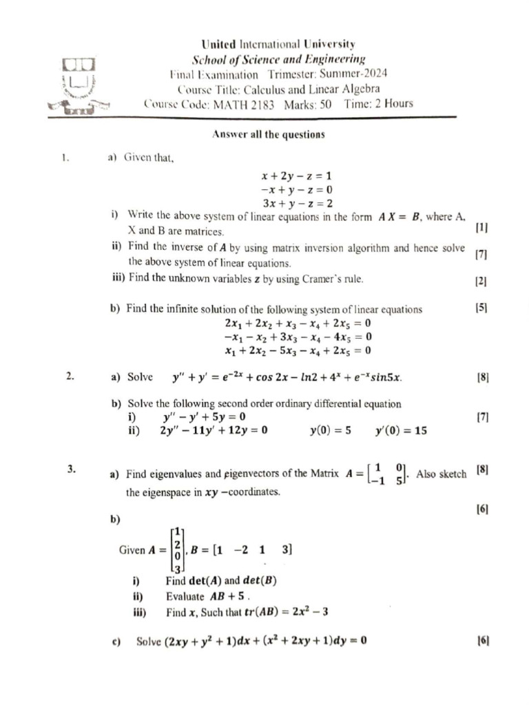 Calculus and Linear Algebra - Final - Summer 2024 | PDF