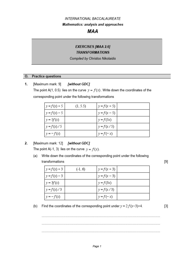 IB Math Transformations Exercises | PDF | Logarithm | Cartesian ...