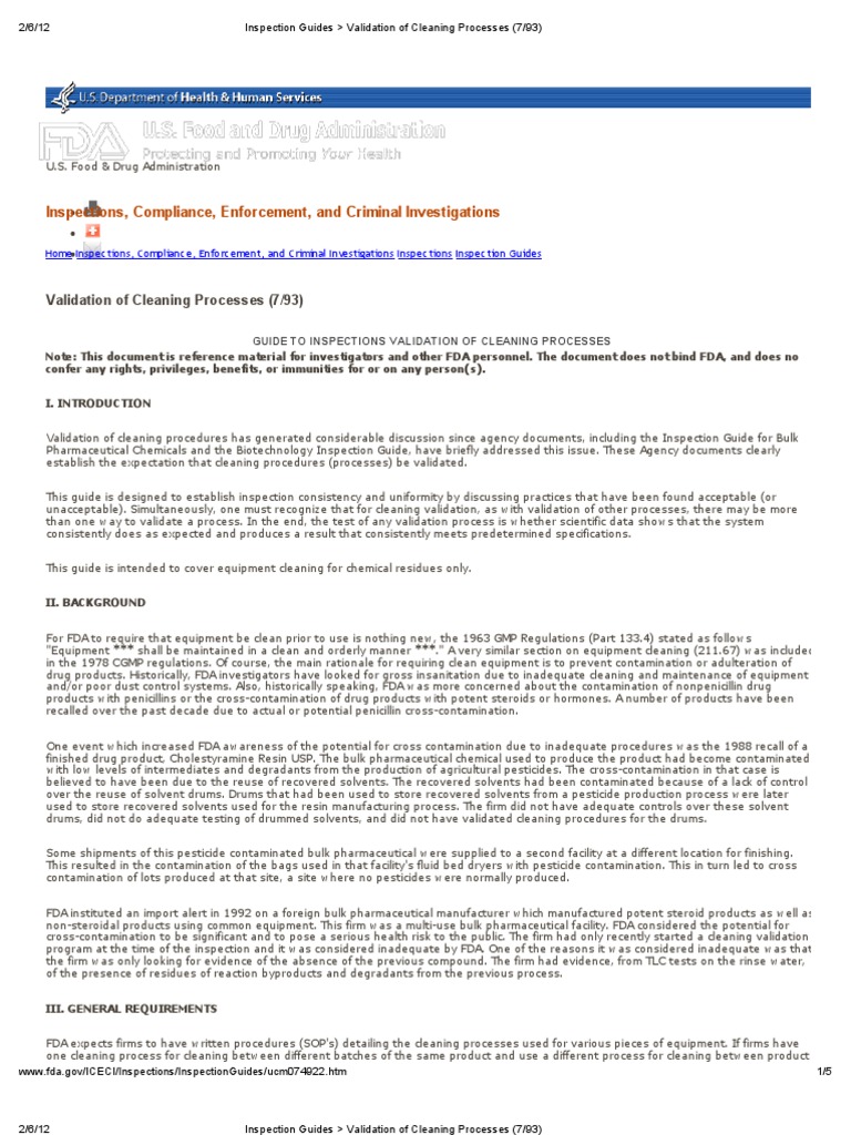 FDA Cleaning Validation Inspection Guide | PDF | Chemicals | Pharmaceutical