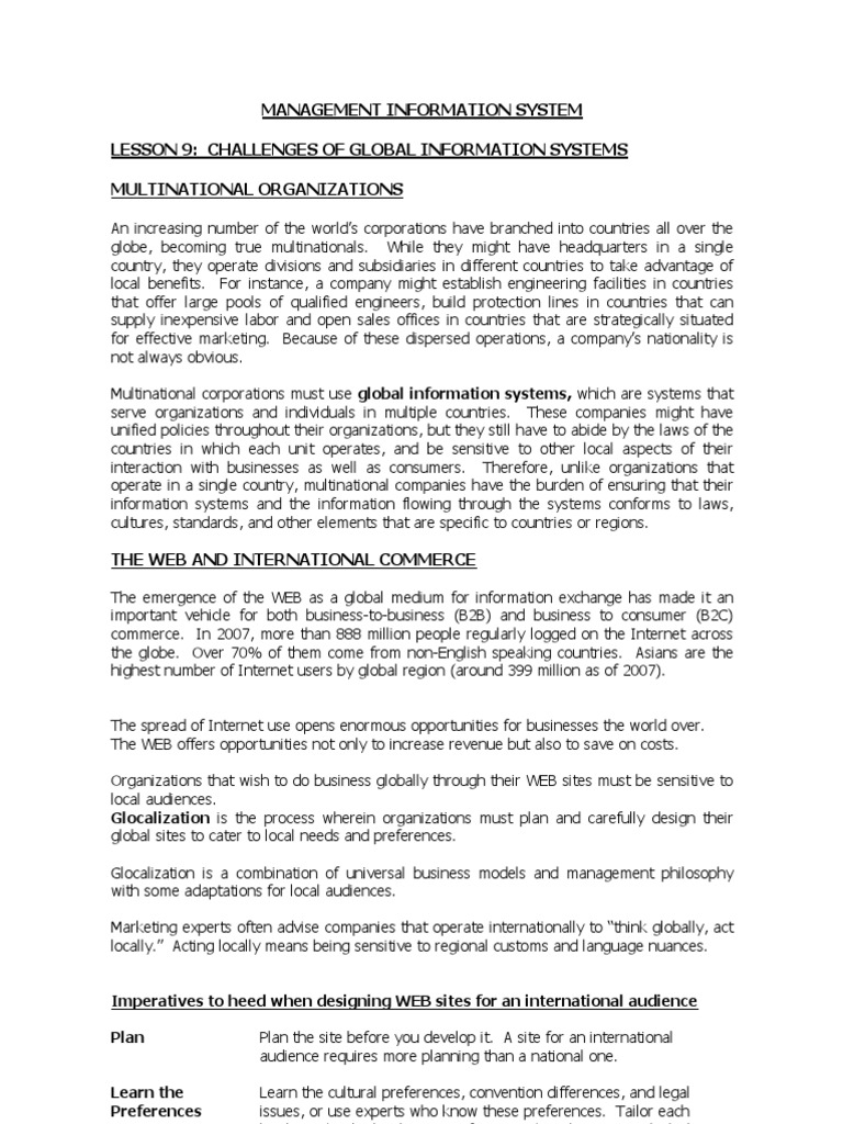MIS - Lesson 9 Challenges of Global Information Systems | PDF ...