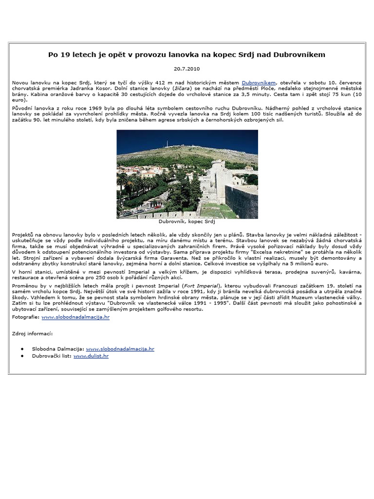Po 19 Letech Je Opět V Provozu Lanovka Na Kopec SRDJ Nad Dubrovníkem | PDF