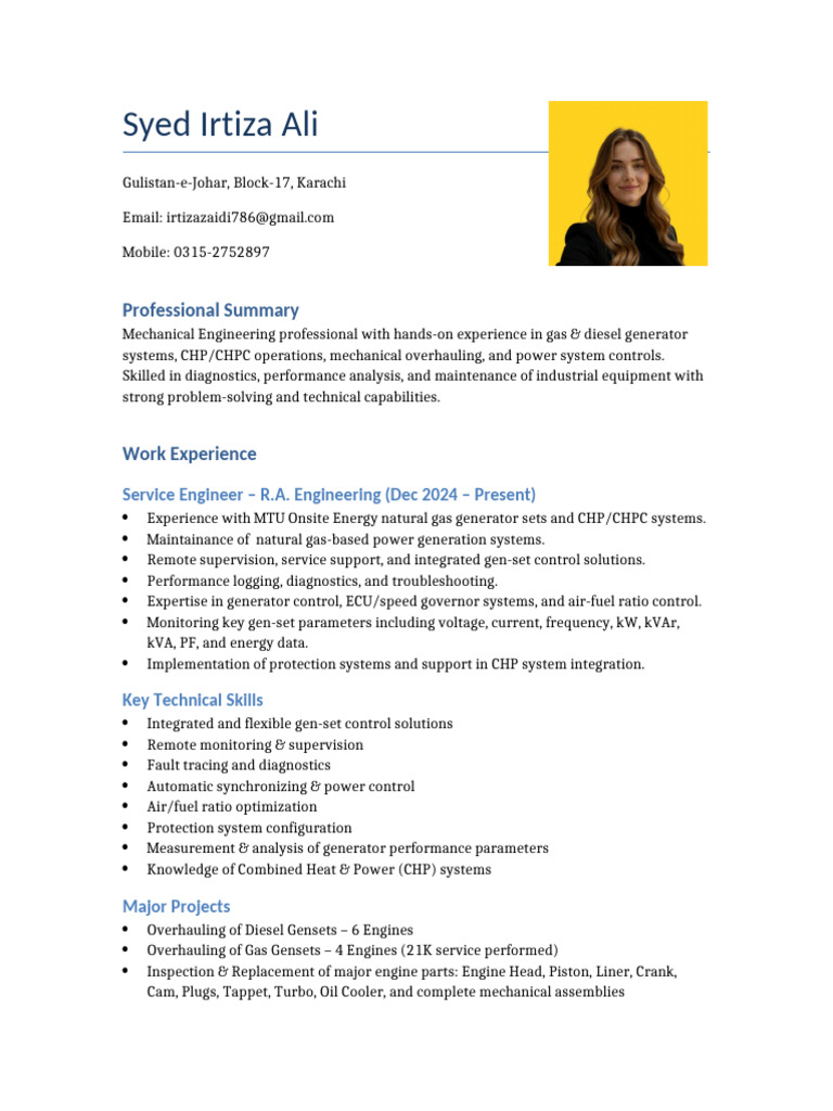 Professional CV Syed Irtiza Ali | PDF | Cogeneration | Engines