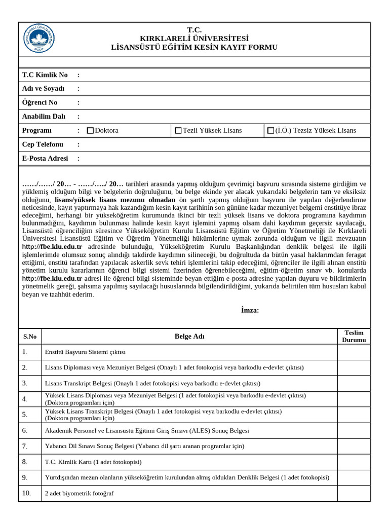 Lisansustu Egitim Kesin Kayit Formu 7 | PDF