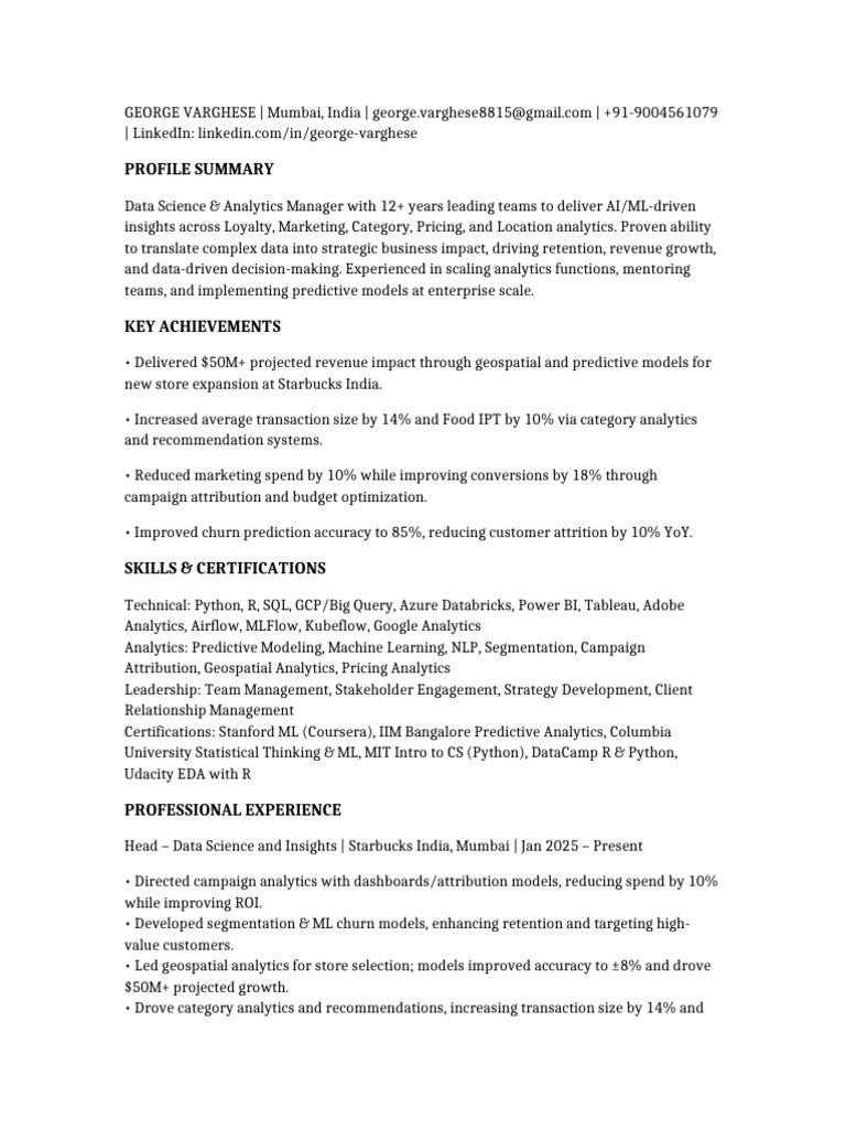 George Varghese Resume VersionB | PDF | Analytics | Marketing