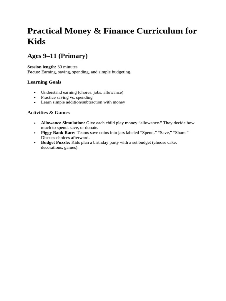 Money Skills Curriculum for Kids 9-11 | PDF