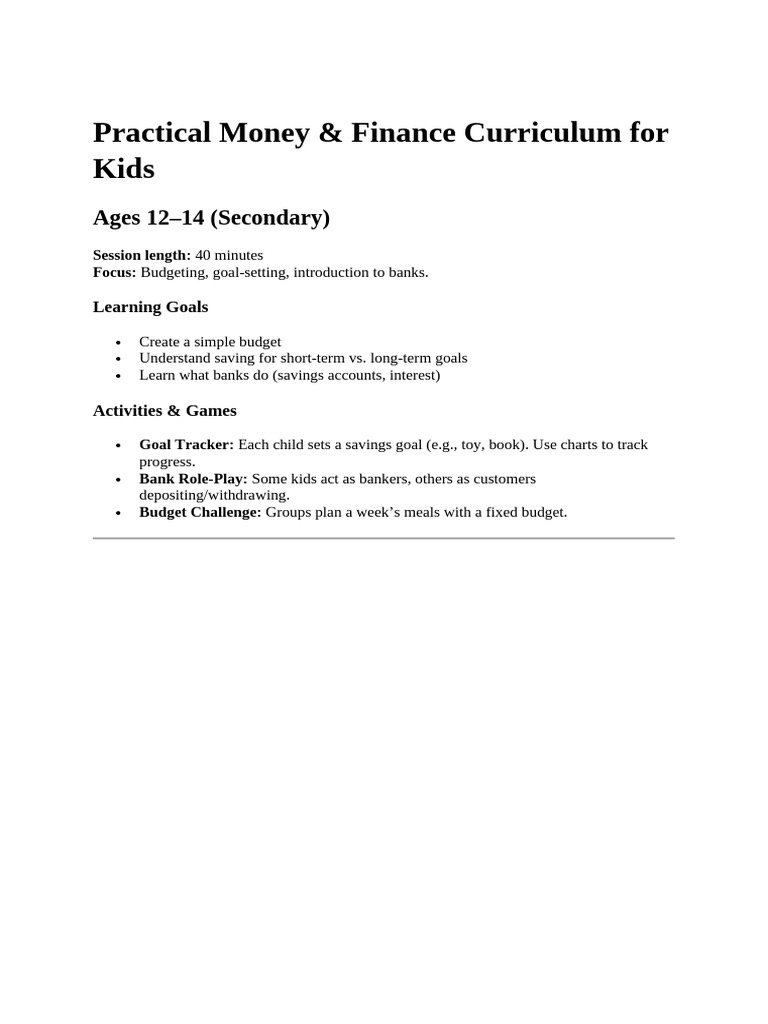 Money Management Curriculum for Kids | PDF