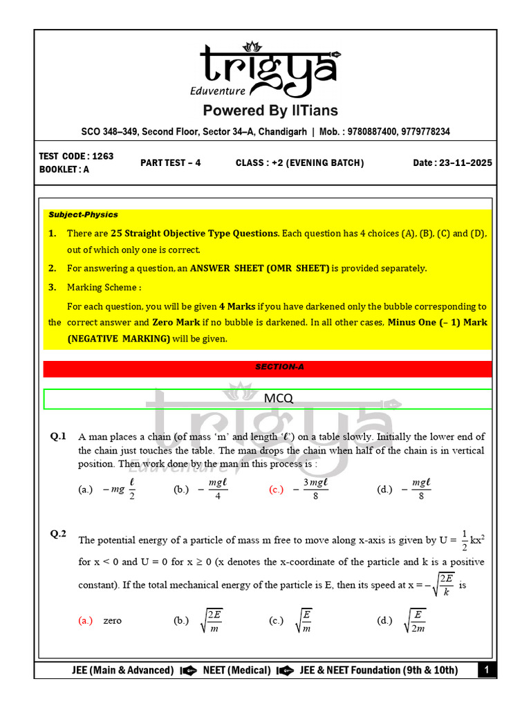 Part Test 4 (Eve) On 23-11-25 With Ans | PDF | Mole (Unit) | Oxygen