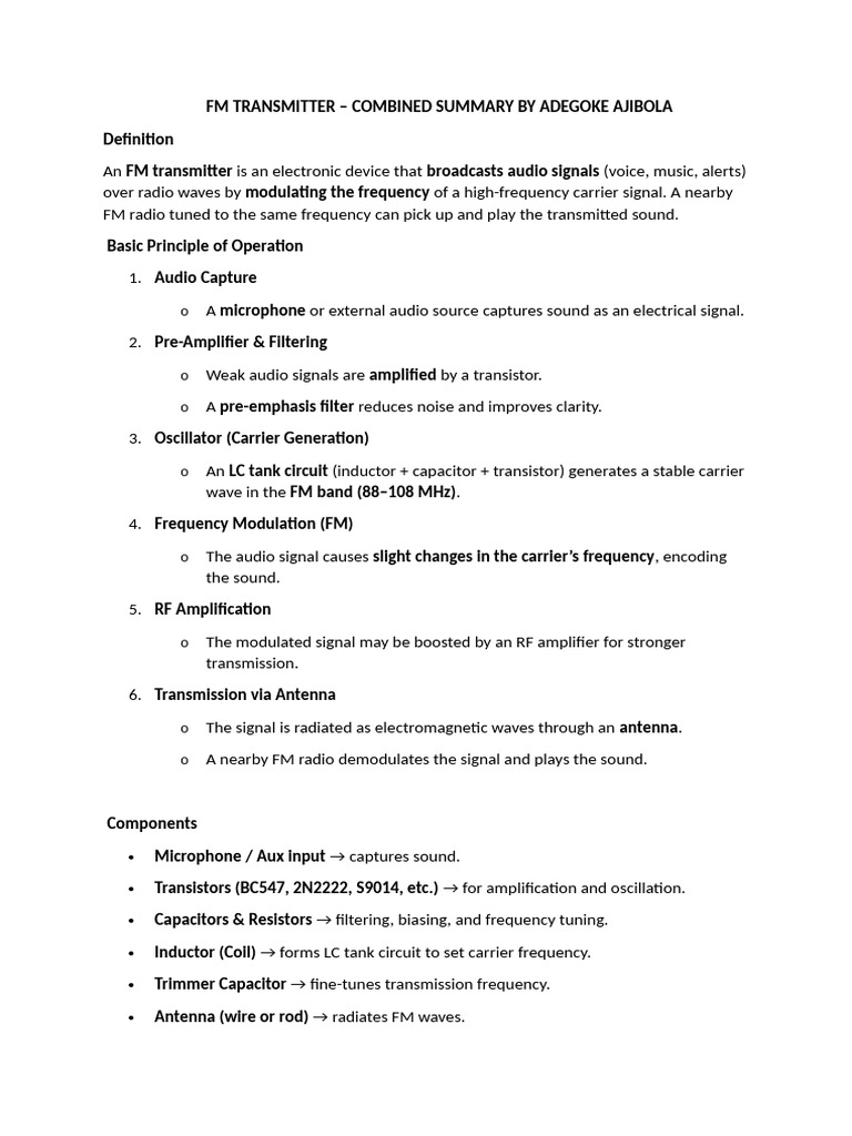 FM Transmitter - Combined Summary by Adegoke Ajibola | PDF | Frequency ...
