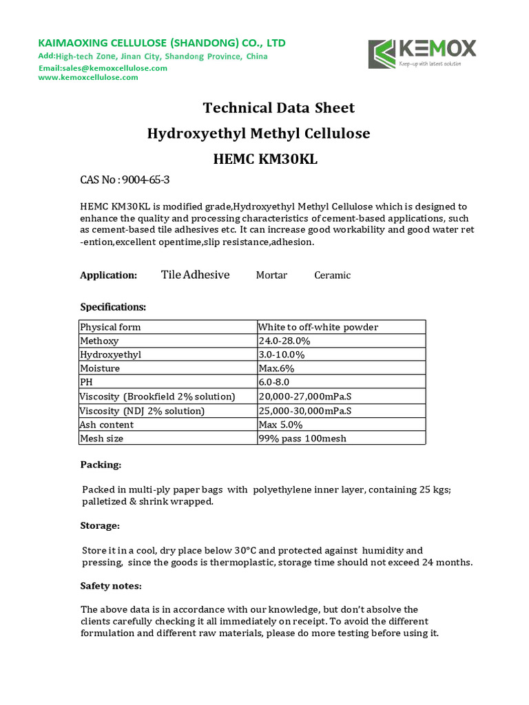 Kemox™ KM30KL Hydroxyethyl Methyl Cellulose (HEMC) | PDF