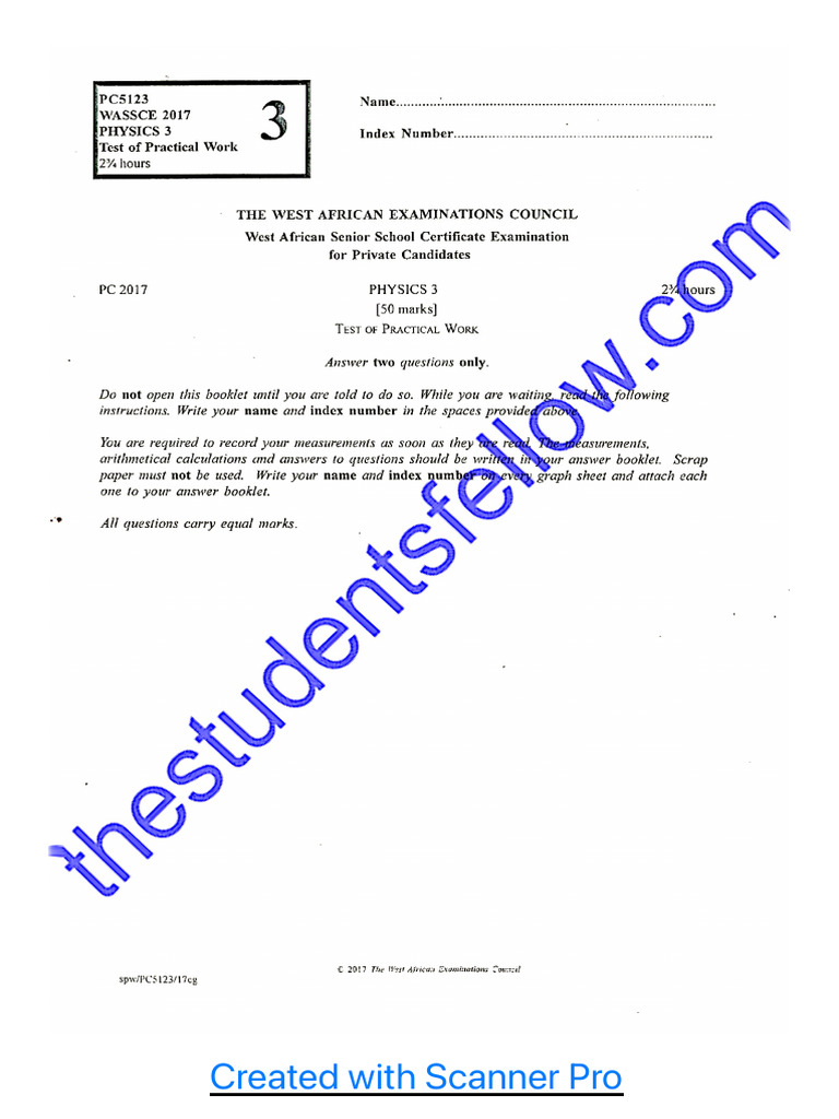 WASSCE Physics Practival Past Questions 2017 | PDF