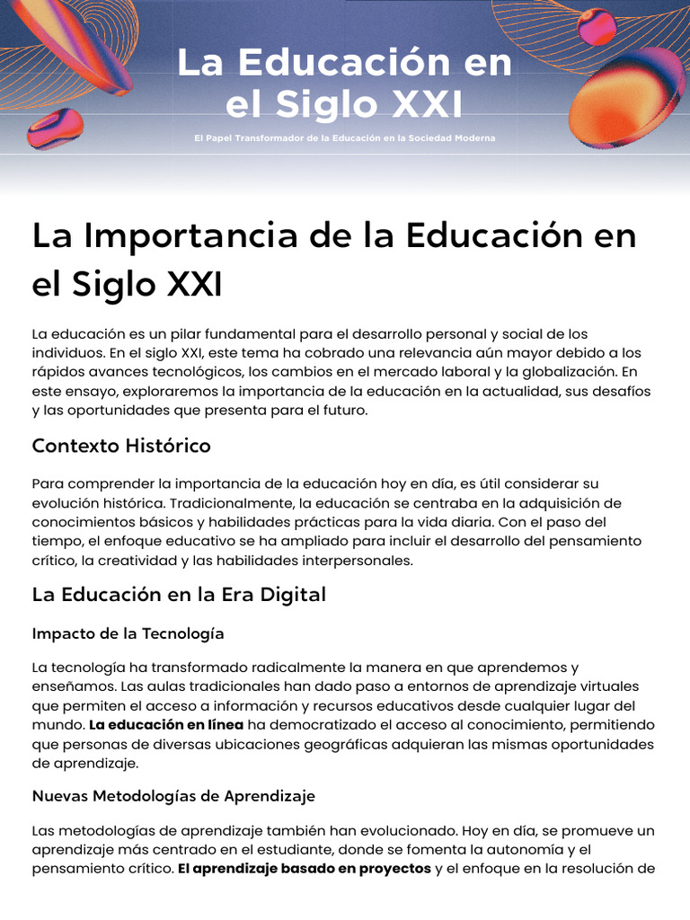 Importancia de la Educación en el Siglo XXI | PDF | Aprendizaje ...