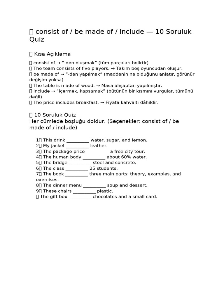 Consist Madeof Include Quiz TR | PDF