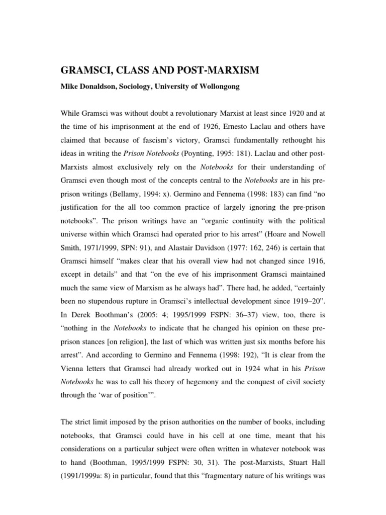 Gramsci, Class and Post-Marxism: Mike Donaldson, Sociology, University ...