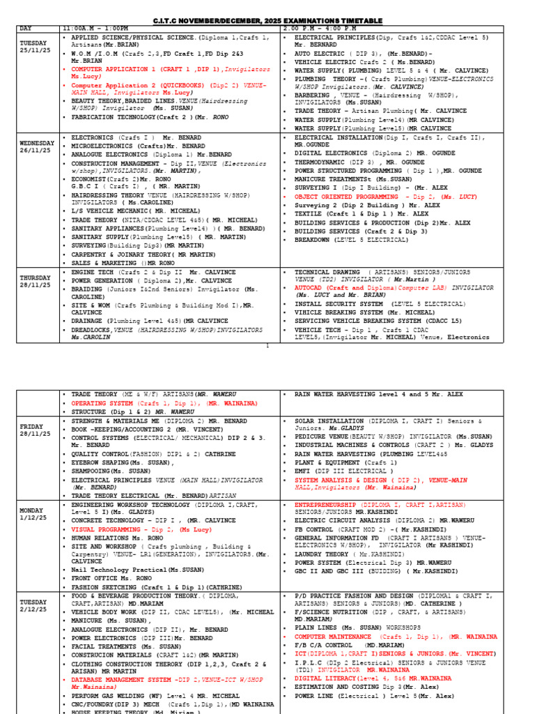 Internal Exam Time Table | PDF