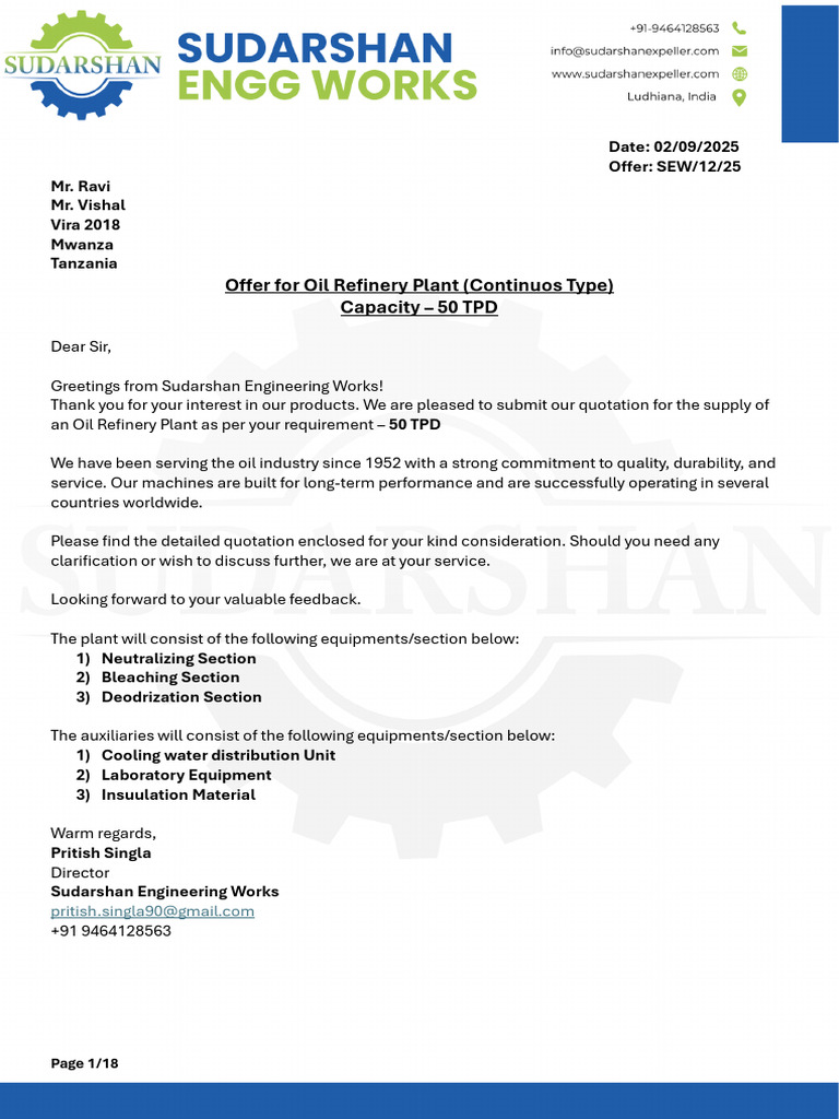 Oil Refinery Plant Quotation - 50 TPD | PDF | Oil | Steam