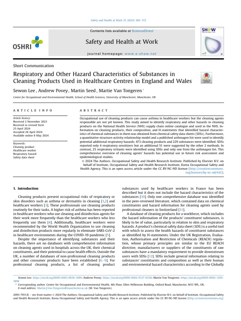 Respiratory and Other Hazard Characteristics of Substances | PDF ...