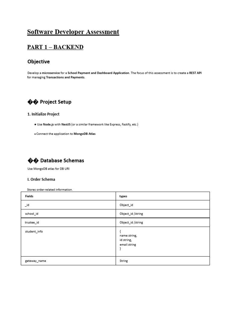 Edviron Software Developer Assessment | PDF | Mongo Db | Database Schema