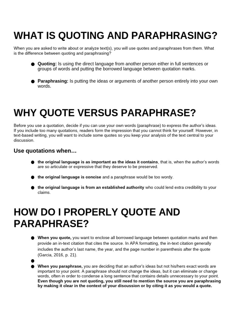 Quoting vs. Paraphrasing Explained | PDF | Ellipsis | Citation