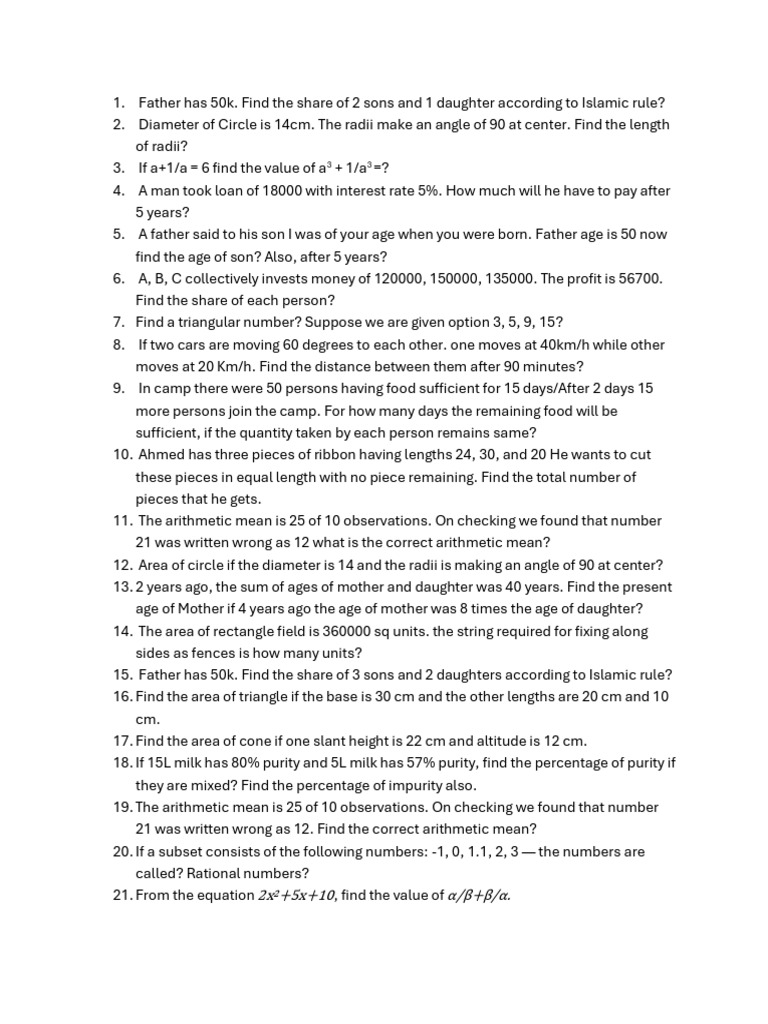 Islamic Inheritance and Math Problems | PDF | Area | Mean