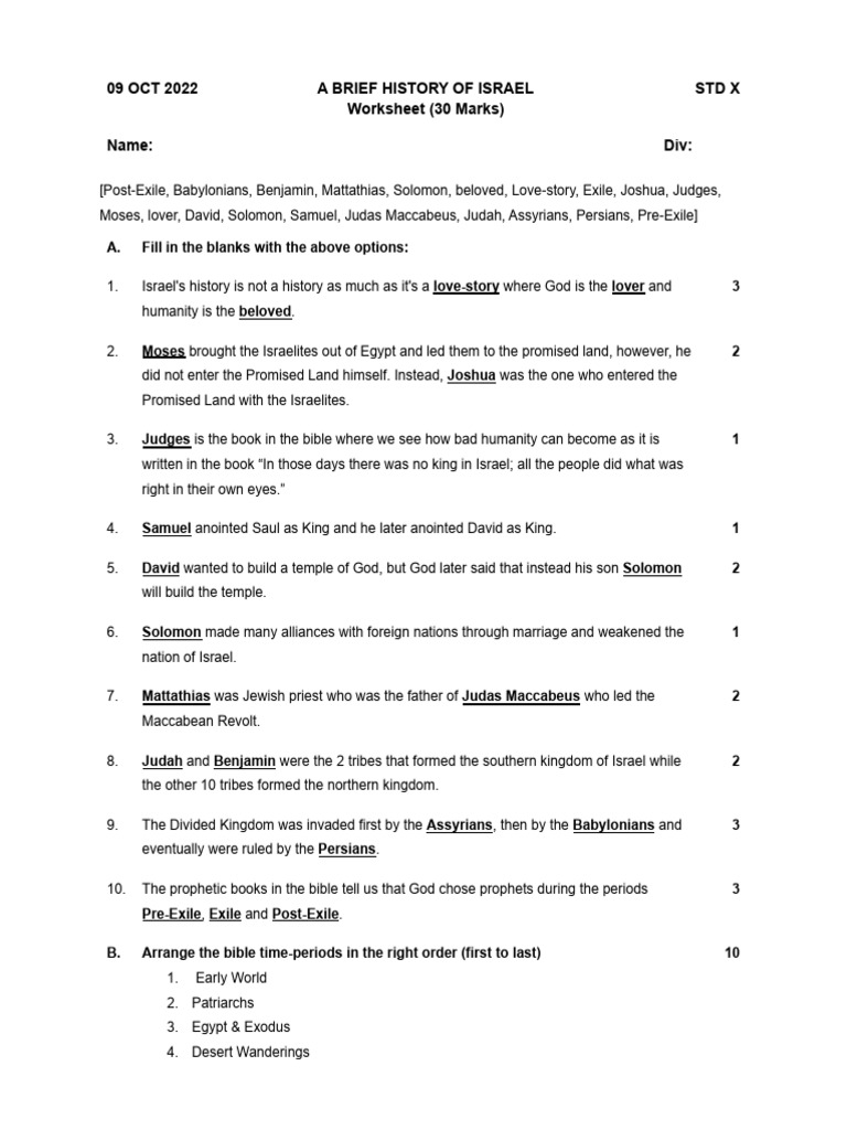 l14 - A Brief History of Israel - Answer Sheet | PDF | Israelites ...