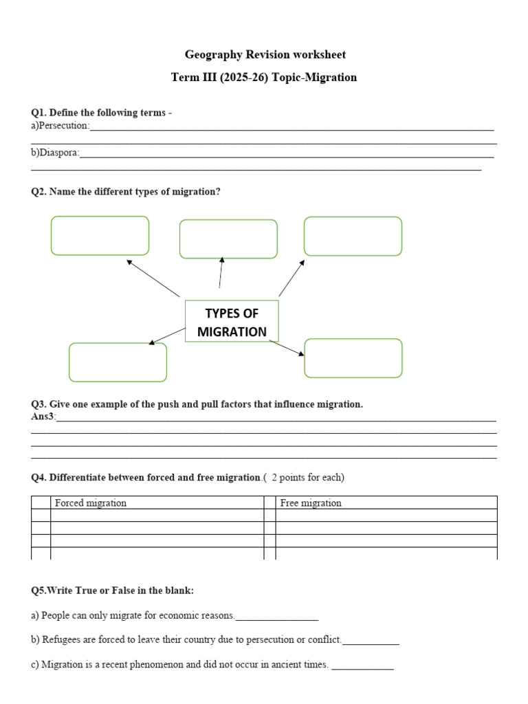 Revision Worksheet 2 (Migration) | PDF | Human Migration | Cultural ...