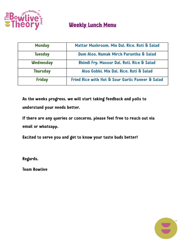 Weekly Vegetarian Lunch Menu | PDF