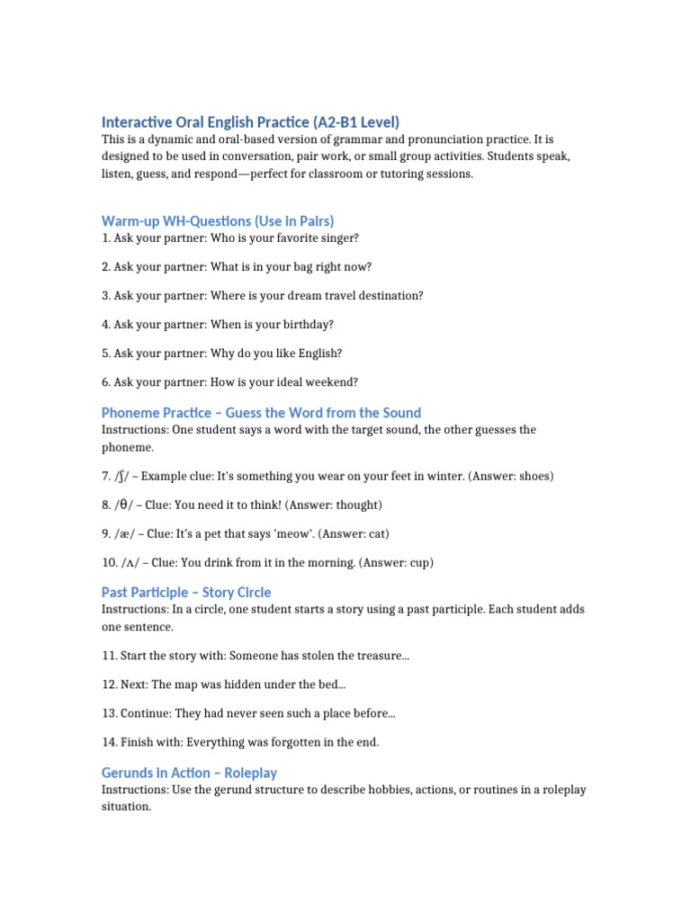 Interactive A2-B1 English Speaking Activities | PDF