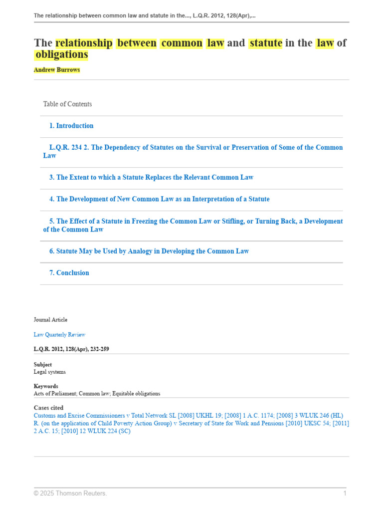 The Relationship Between Common Law and Statute in The Law of ...