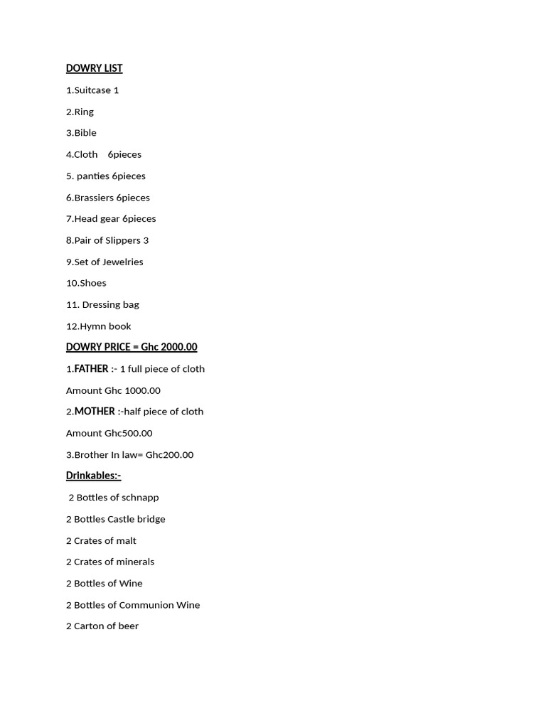 Detailed Dowry List and Costs | PDF
