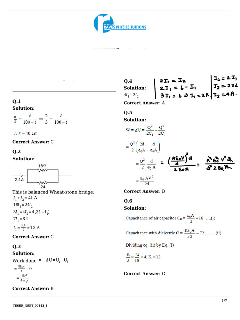 2 - Solution - Current Electricity & Electrostatics | PDF