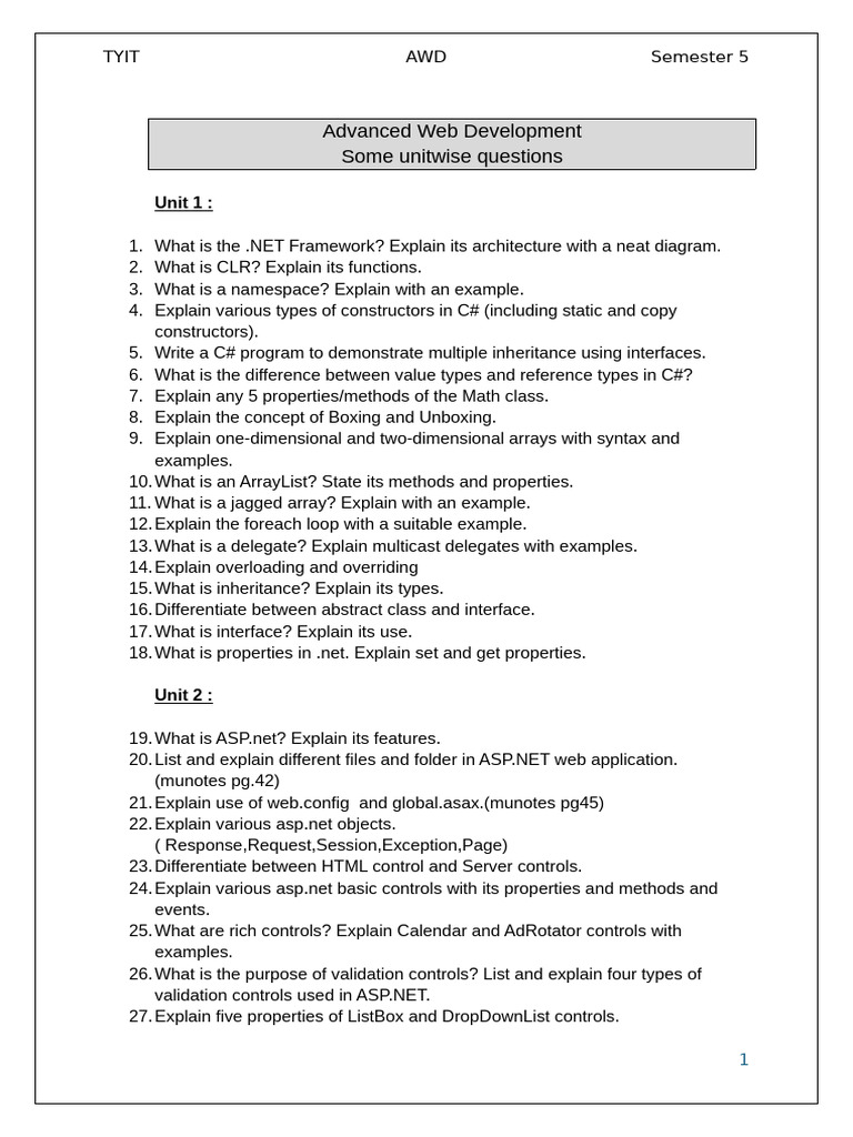 AWD - Unitwise Questions | PDF | Bootstrap (Front End Framework) | C Sharp (Programming Language)