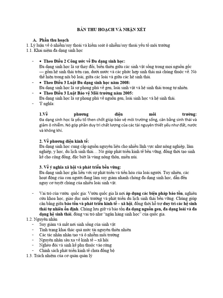 Bản Thu Hoạch Và Nhận Xét Đa Dạng Sinh Học | PDF