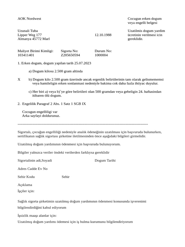 Erken Dogum Belgesi Tercüme | PDF