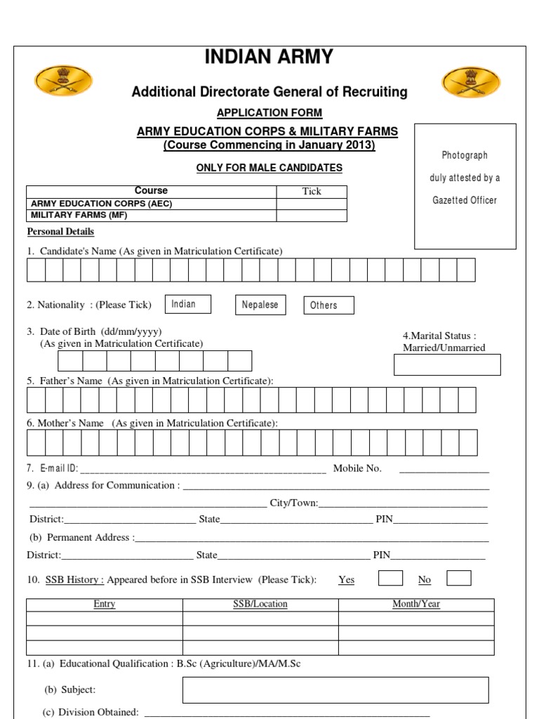 Common Application Form Army Education AEC & Military Farms (MF) - 22 ...