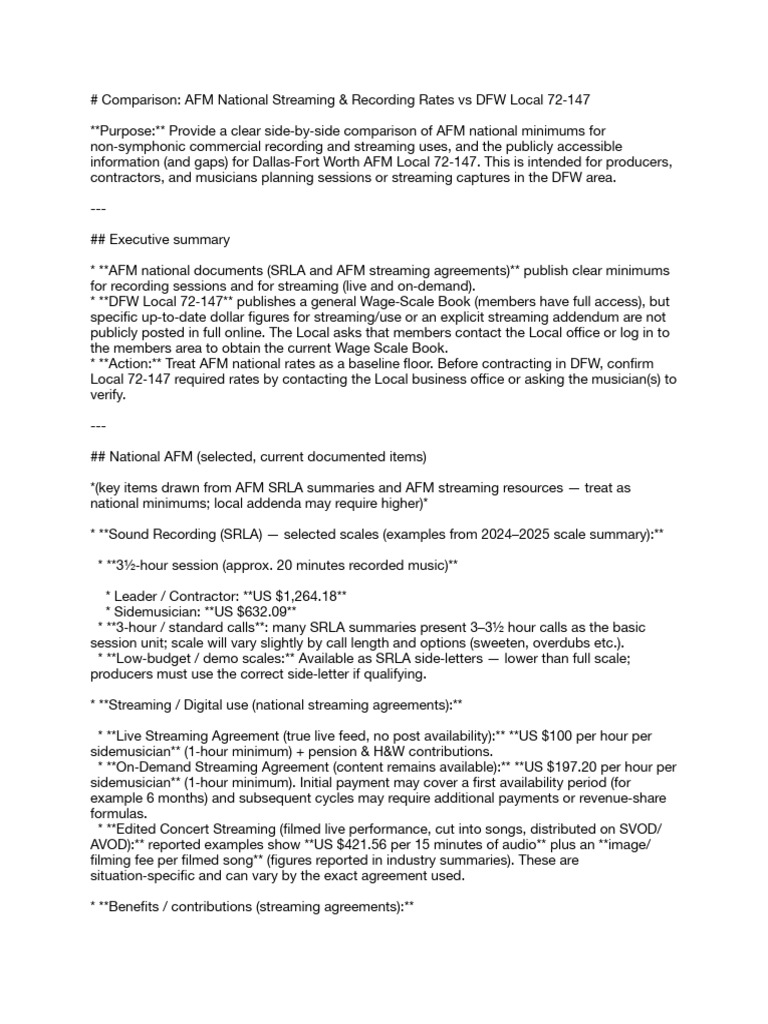 AFM National vs DFW Local 72-147 Rates | PDF