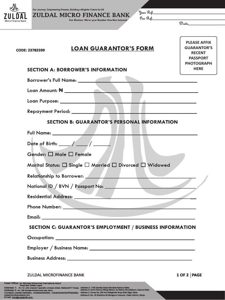 Loan Guarantor's Form Zuldal Microfinance Banks | PDF