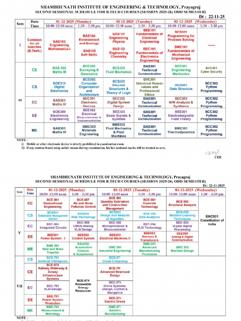 Schedule 2nd Sessional 25-26 Odd-5feb 2025 | PDF
