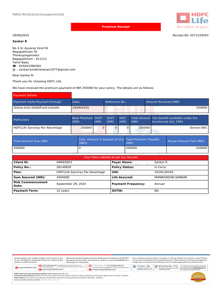 HDFC Life Premium Payment Receipt | PDF | Life Insurance | Insurance