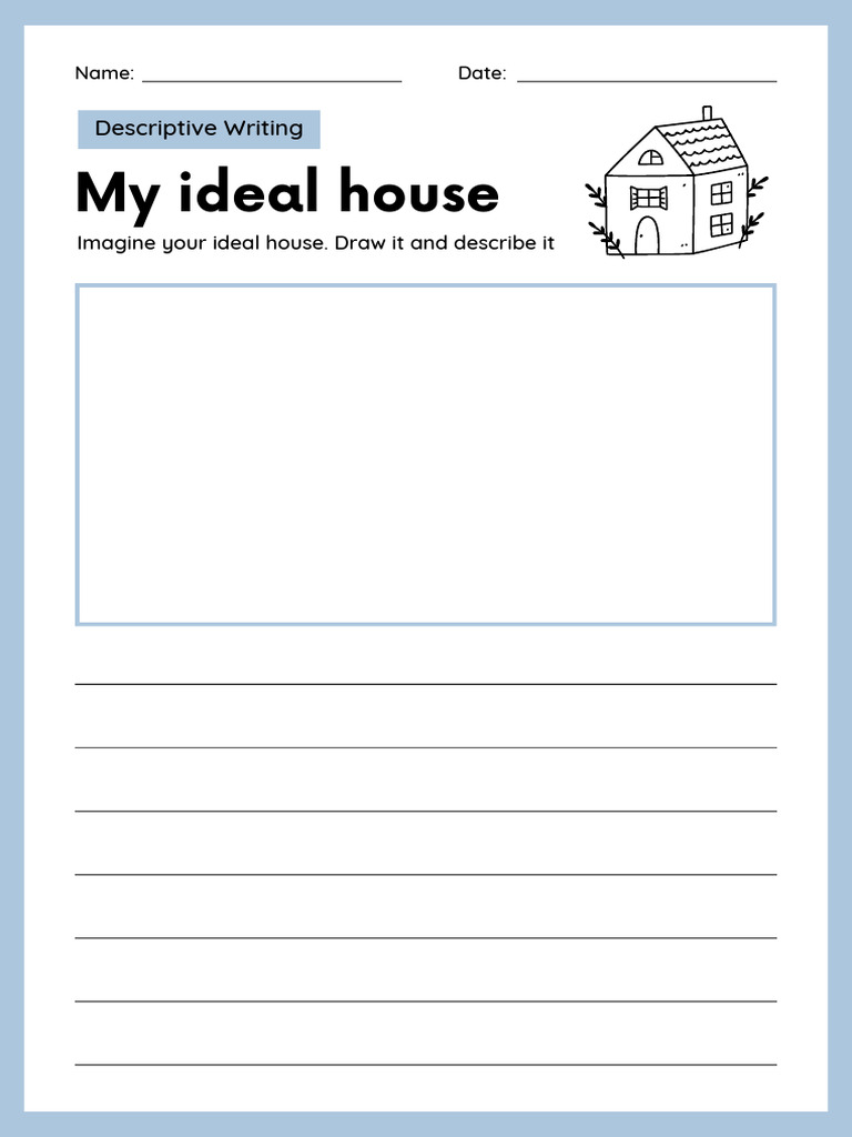 Light Blue My Ideal House Descriptive Writing Activity Worksheet | PDF