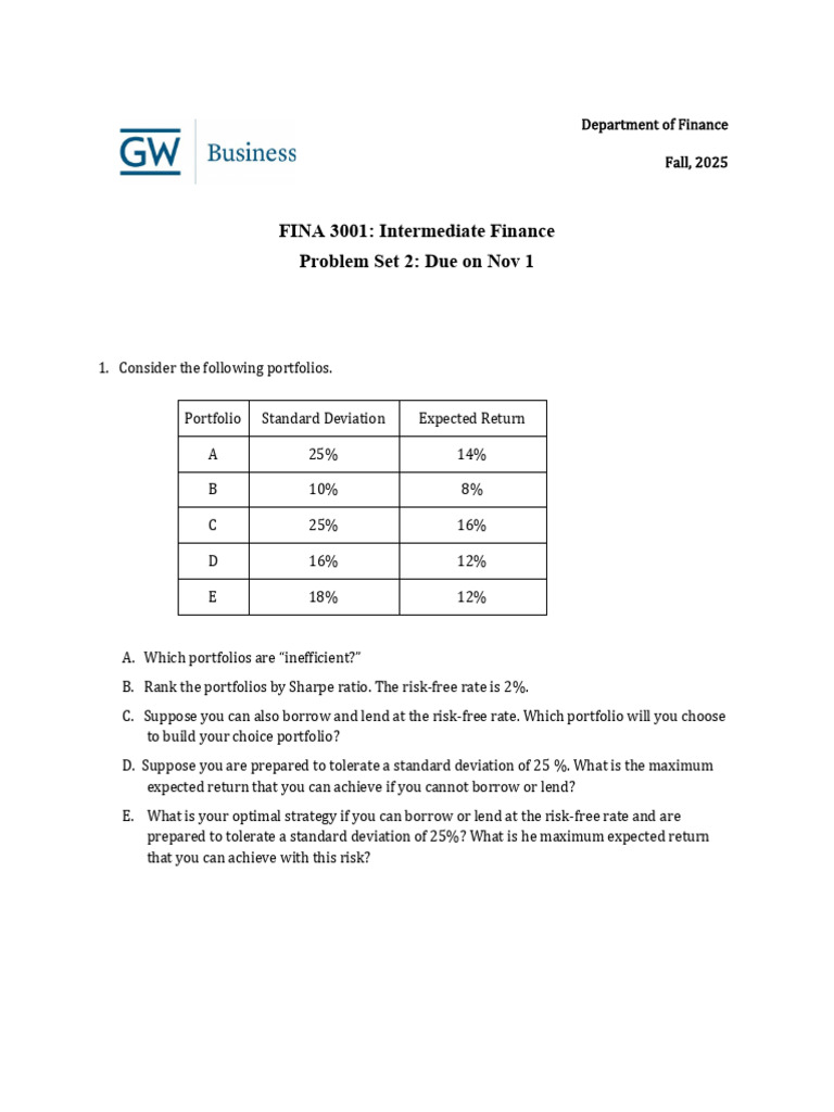 Problem Set 2 FINA 3001 2025 Fall | PDF | Beta (Finance) | Portfolio ...