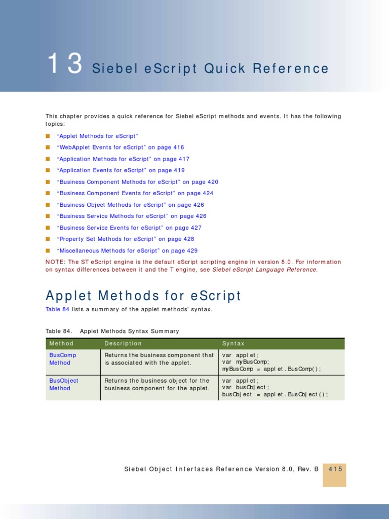 Siebel EScript Quick Reference | PDF | Scripting Language | Web Browser