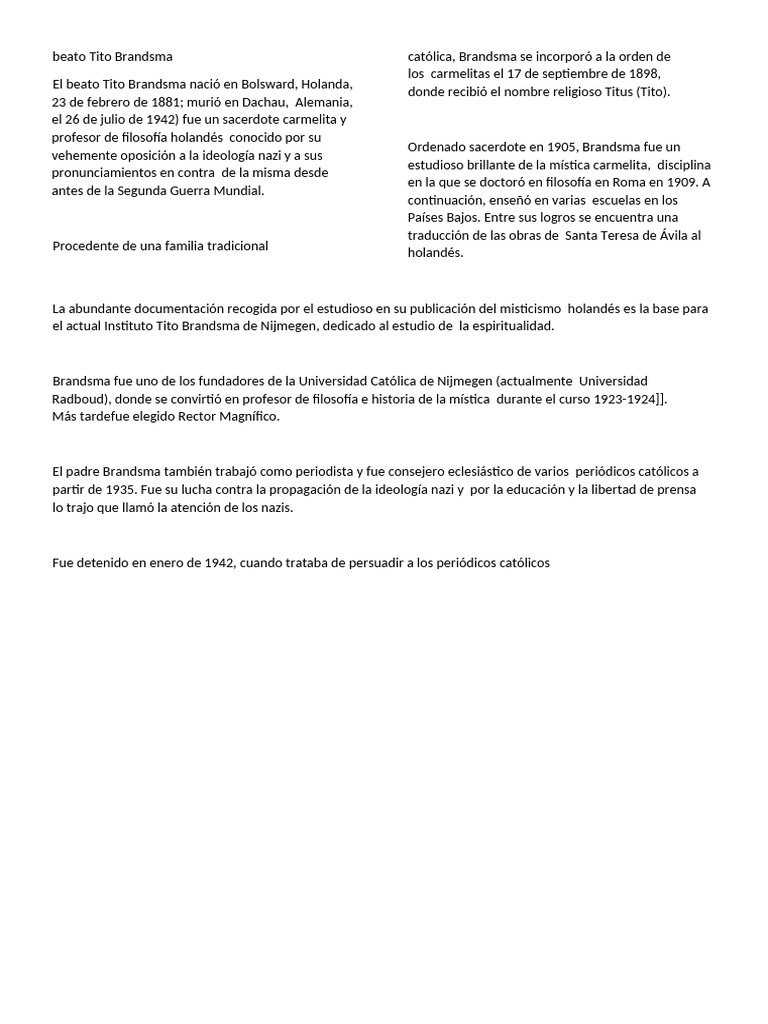 Beato Tito Brandsma: Mártir contra el Nazismo | PDF