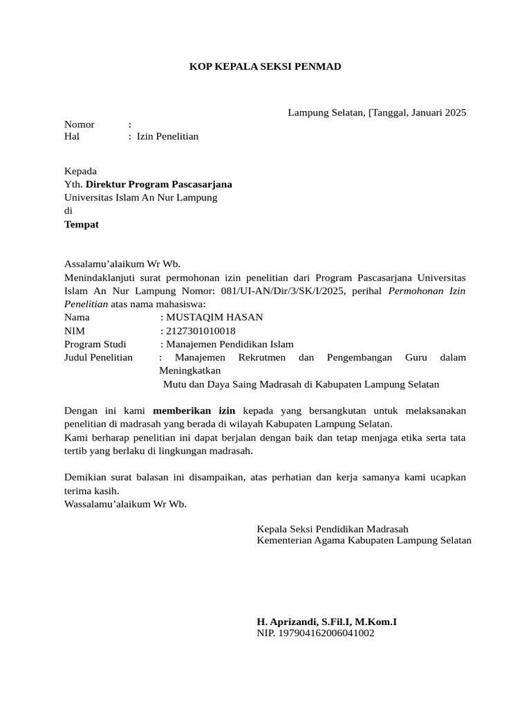 Contoh Surat Balasan Izin Penelitian | PDF