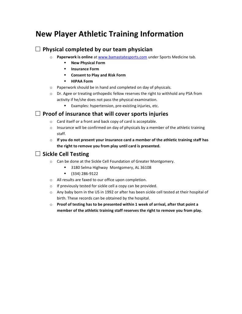 New Player Athletic Training Information: Physical Completed by Our ...