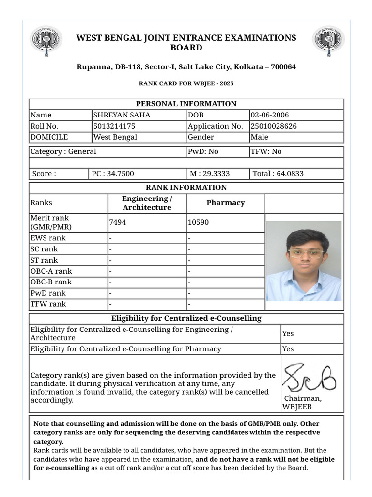 Rank Card Wbjee | PDF